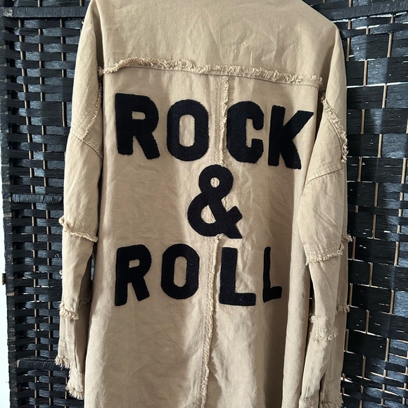 Elan | Jackets & Coats | Tan Jacket With Black Rock Roll Text | Poshmark